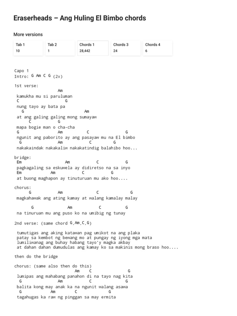 Ang Huling El Bimbo Chords With Lyrics by Eraserheads For Guitar and Ukulele at Guitaretab | PDF