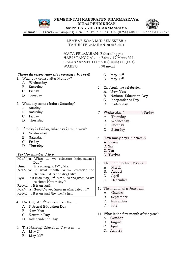Soal Final Mid Kelas 7 Semester 2 (2020-2021) | PDF