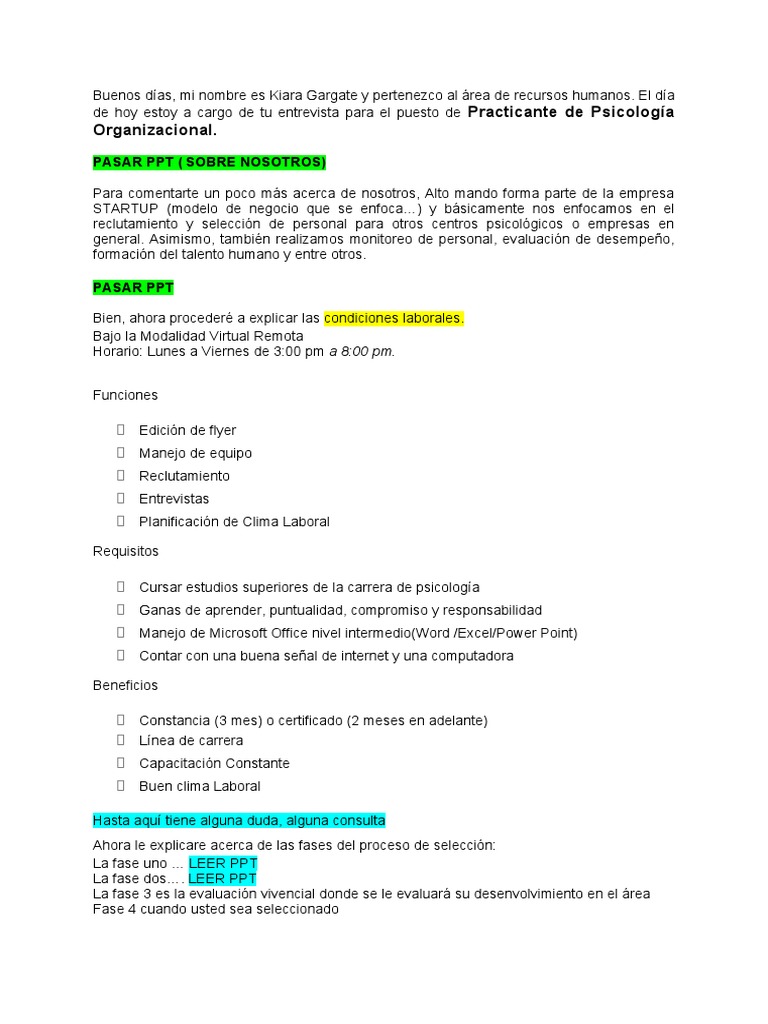 Entrevista Practicante Psicología Organizacional | PDF | Gestión de ...