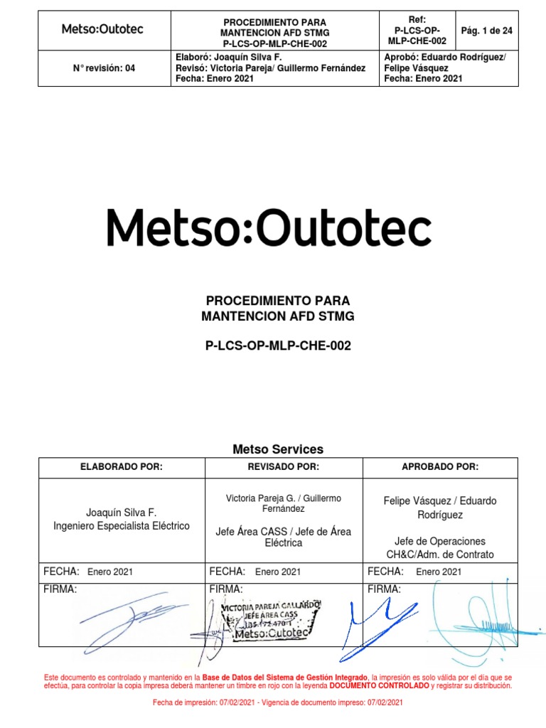 P-Lcs-Op-Mlp-Che-002 Mantencion Afd STMG Rev04 | PDF | Aspiradora ...