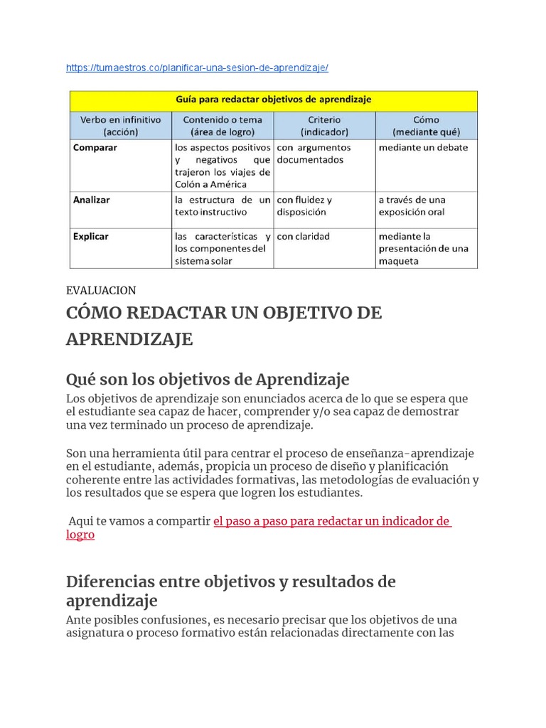 Como Redactar Objetivos de Aprendizaje | PDF | Evaluación | Aprendizaje