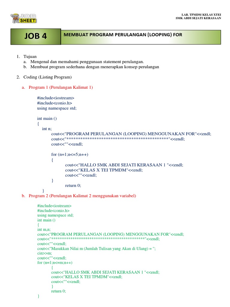 Job Sheet 4 Perulangan (Looping) For | PDF | Metode & Bahan Ajar | Komputer