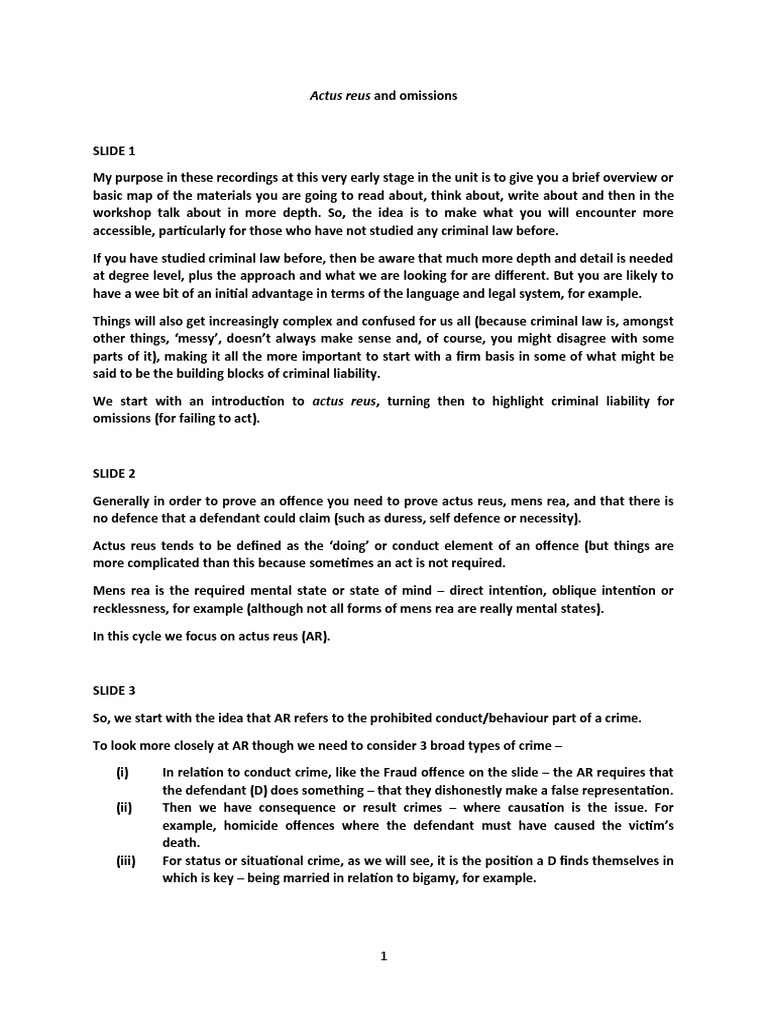 Actus Reus and Omissions | PDF | Mens Rea | Crimes
