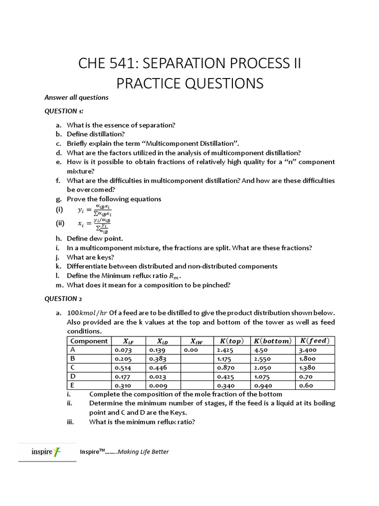 CHE 541 Practice Question | PDF | Distillation | Continuum Mechanics