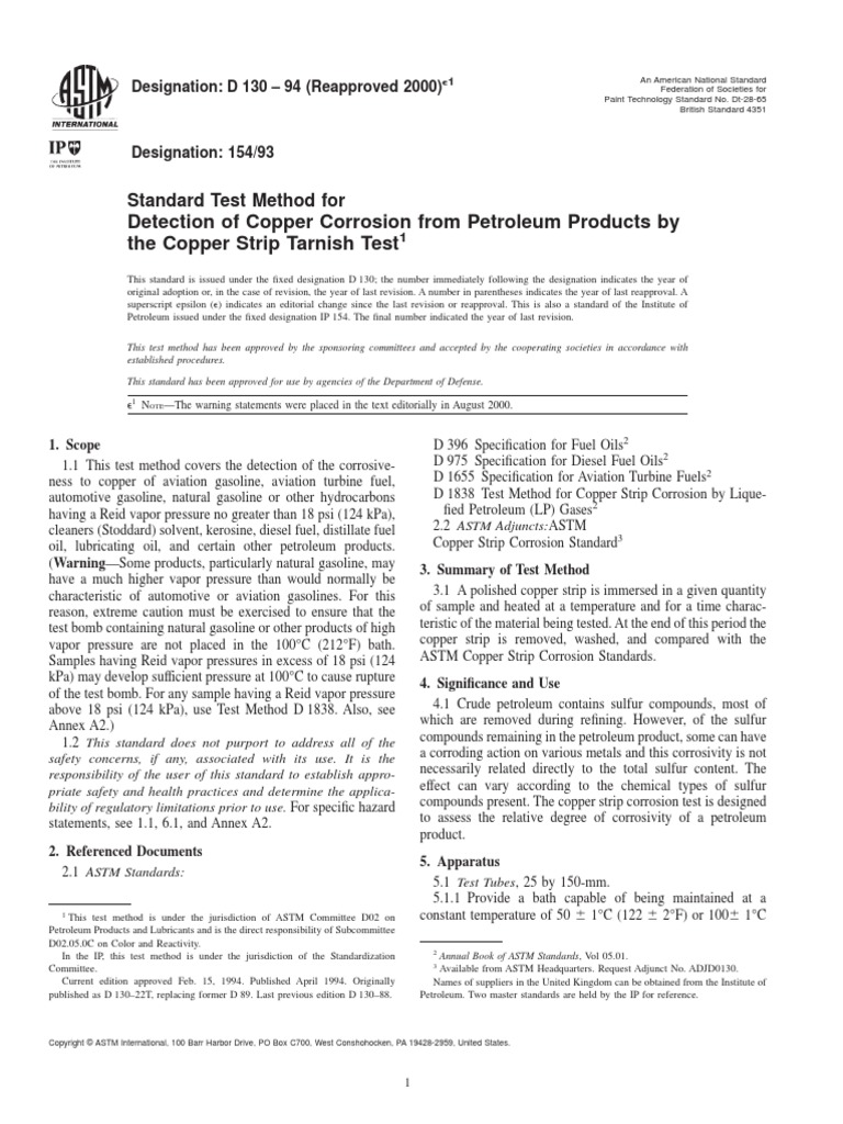 ASTM D-130 Detection of Copper Corrosion From Petroleum Products by The ...