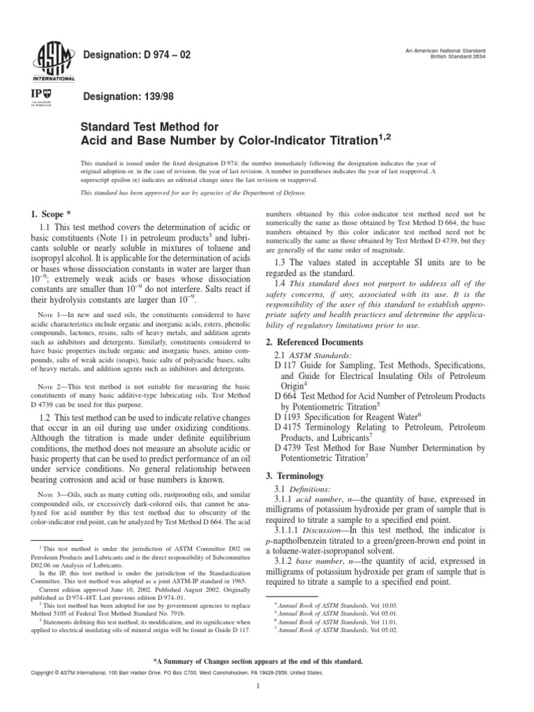 ASTM D-974 Standard Test Method For Acid and Base Number by Color ...