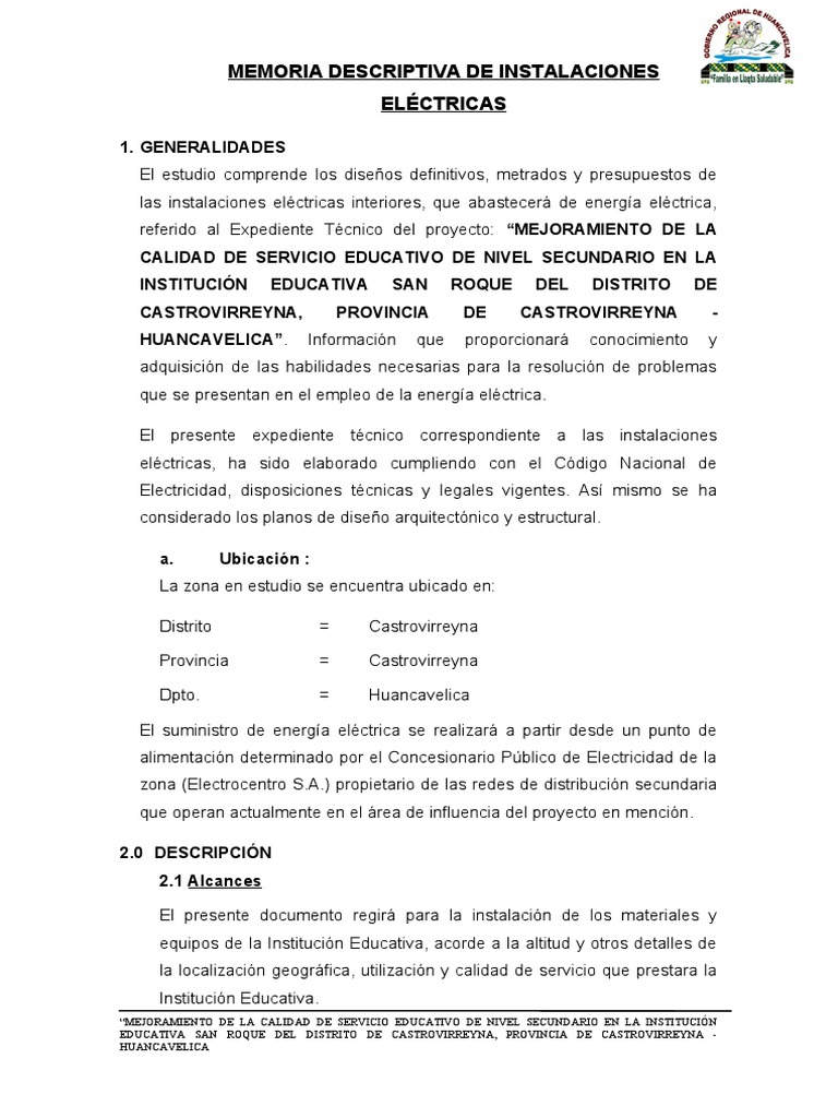 Memoria Descriptiva - Inst. Electricas | PDF | Ingenieria Eléctrica | Encendiendo