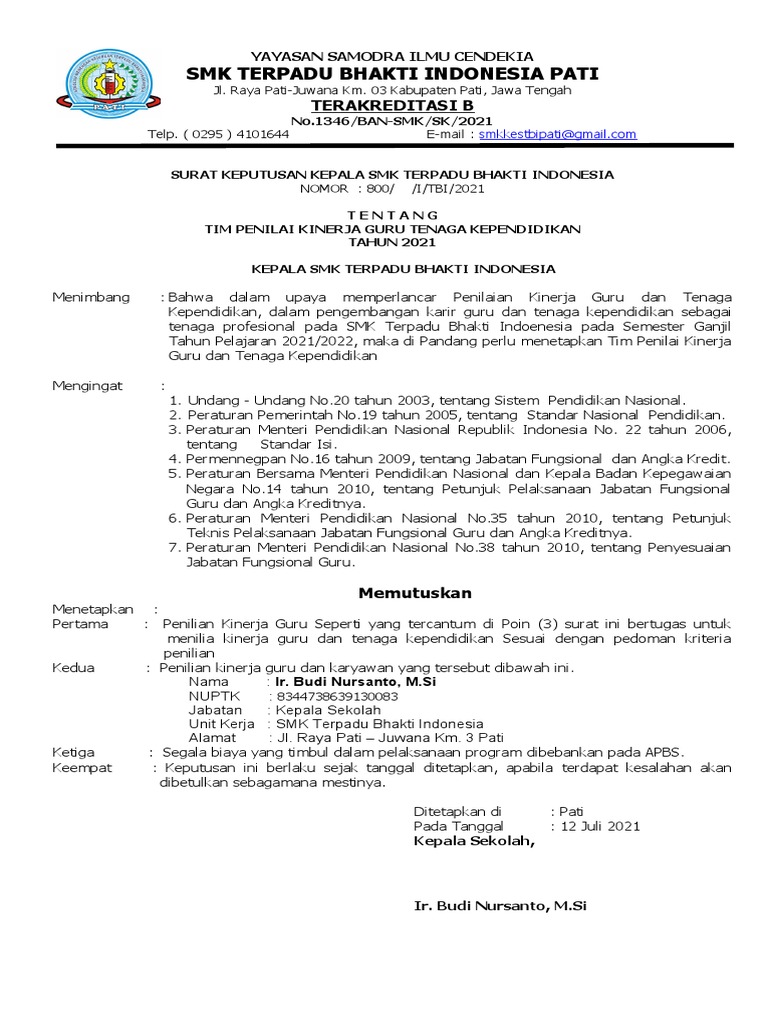 SK Penilaian Kinerja Guru (PKG) 2020 | PDF