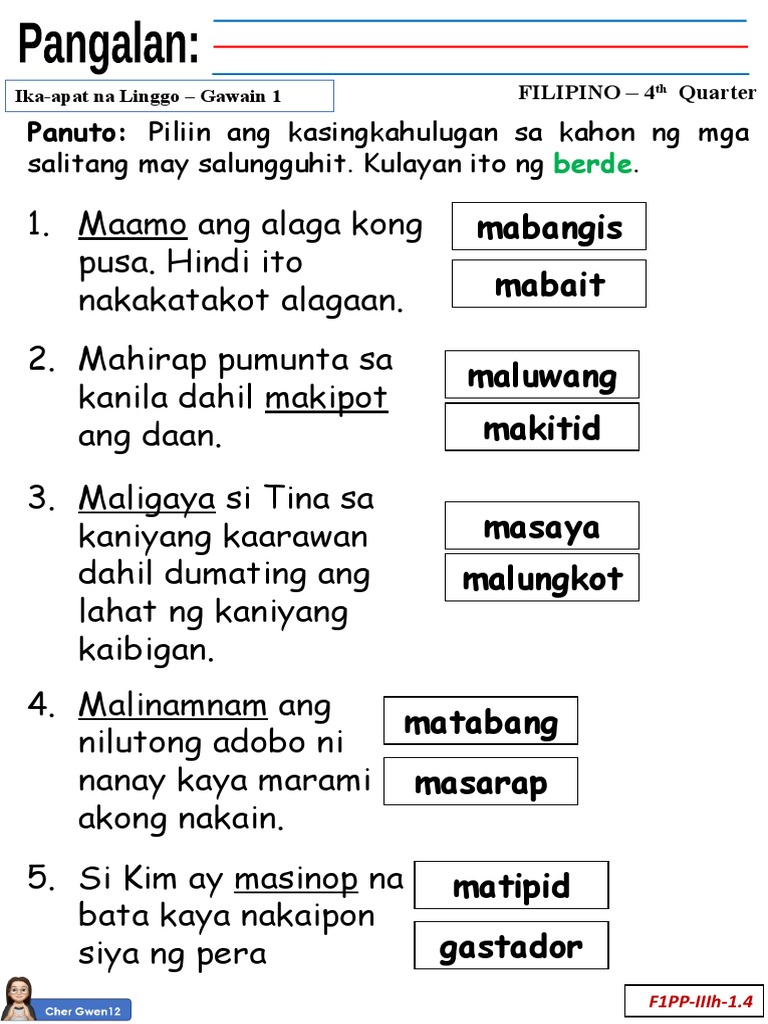 Filipino Worksheets Q4-W4 | PDF