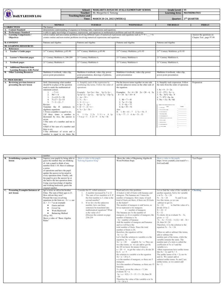 DLL - Mathematics 6 - Q3 - W6 | PDF | Equations | Mathematics