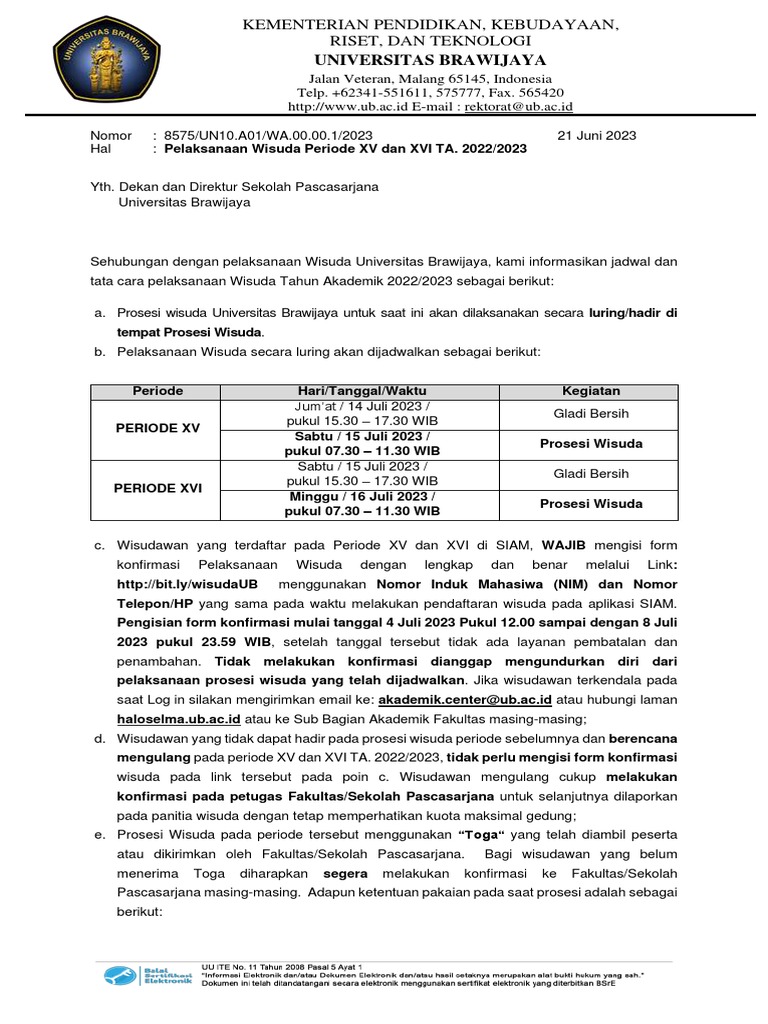 Jadwal Wisuda Universitas Brawijaya 2023 | PDF
