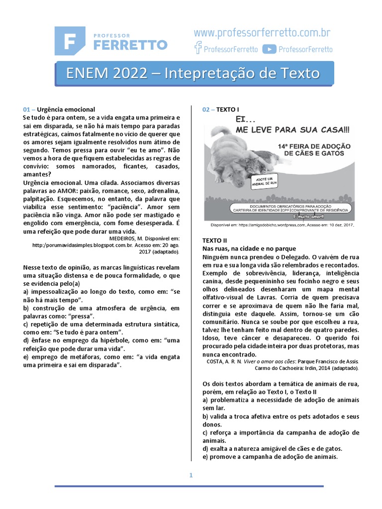 2507dd85 72f1 49f6 Ae2f C000efbc9f0c Interpretacao de Texto 2022 Prova Comentada | PDF | Cães | Amor