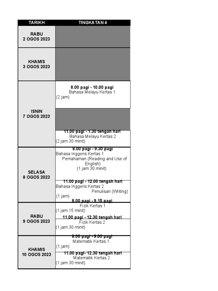 Jadual Final Sem 1 | PDF