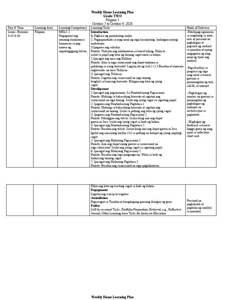 Filipino 2 - Weekly Learning Plan Week 1-4 | PDF