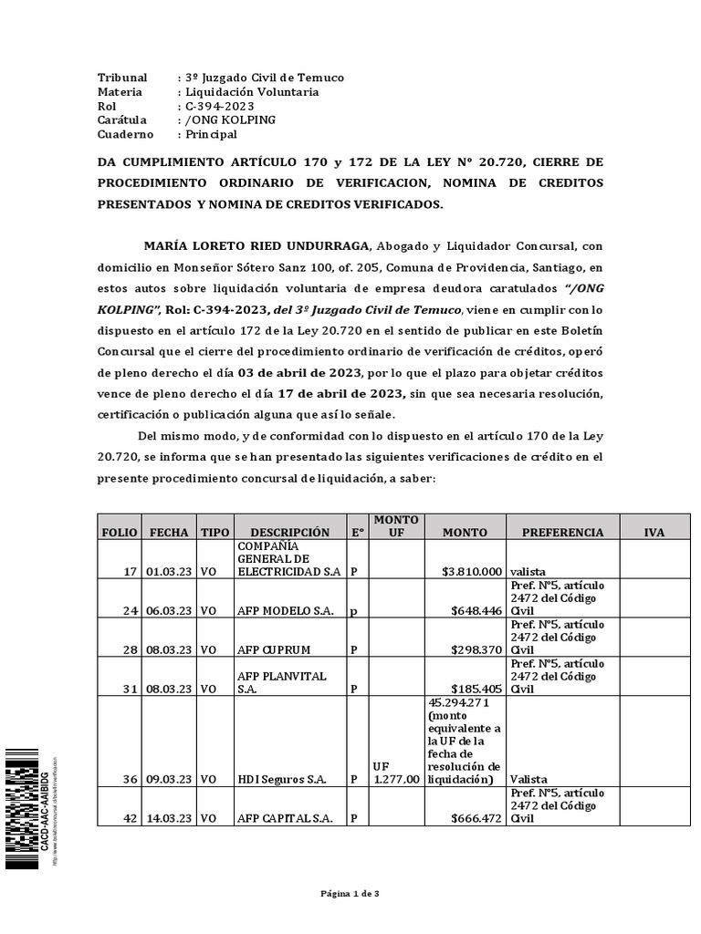 CPOV y NCV (ONG KOLPING) | PDF | Liquidación | Gobierno