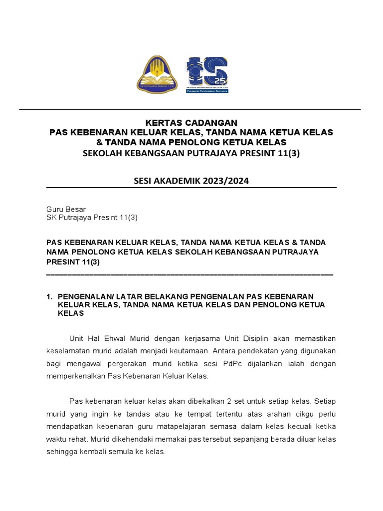 Kertas Cadangan Pas Keluar Kelas Dan Tanda Nama Ketua Kelas & Penolong ...