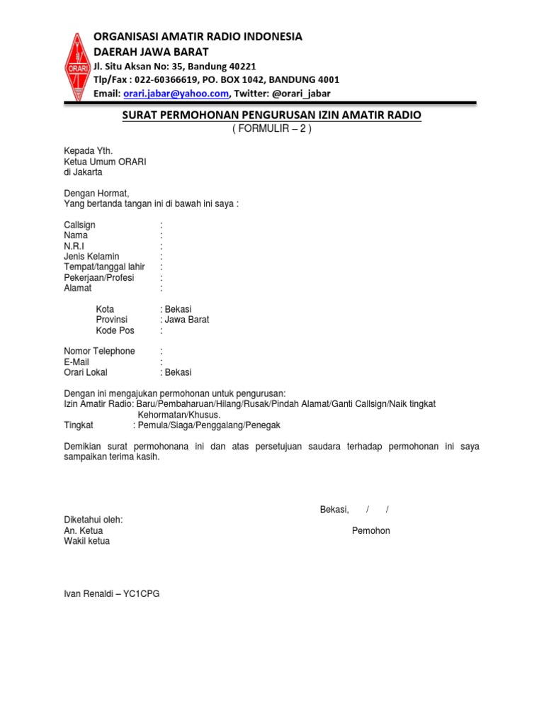 Pengurusan Izin Amatir Radio ORARI Jabar | PDF
