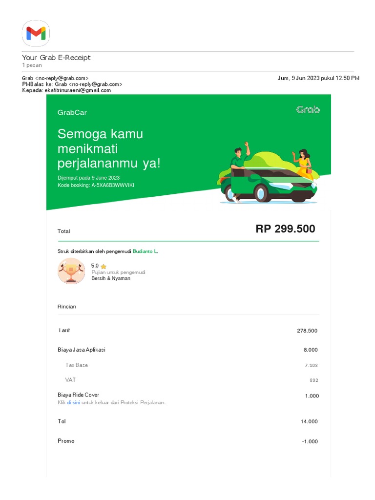 E-Receipt GrabCar: Detail Perjalanan dan Biaya | PDF
