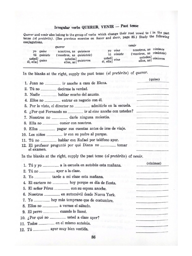 VERBOS QUERER, VENIR PRETÉRITO Pág 86 | PDF