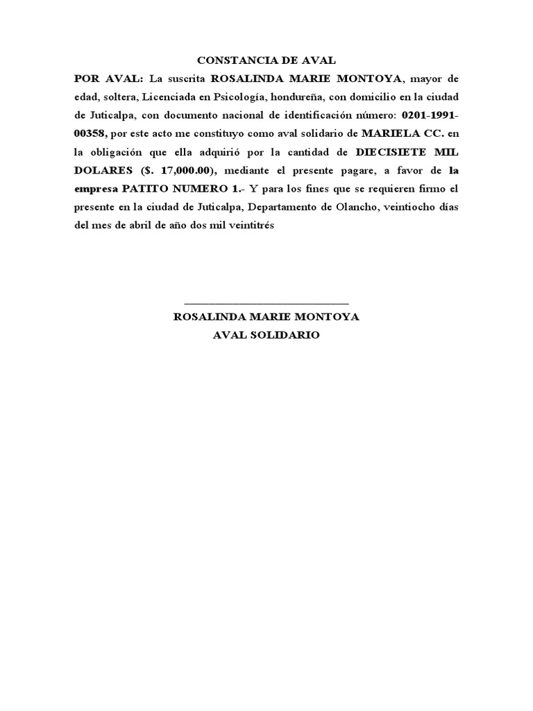 Constancia de Aval Solidario | PDF | Ciencias sociales | Derecho
