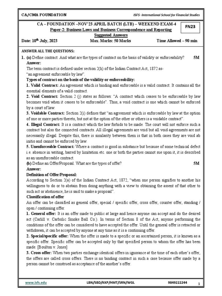 CA FDN (APRIL BATCH) NOV'23 WE-4 LAW Key | PDF | Law Of Agency ...
