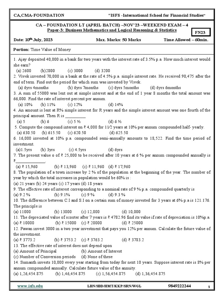 CA Foundation: Business Math Exam | PDF | Interest | Interest Rates