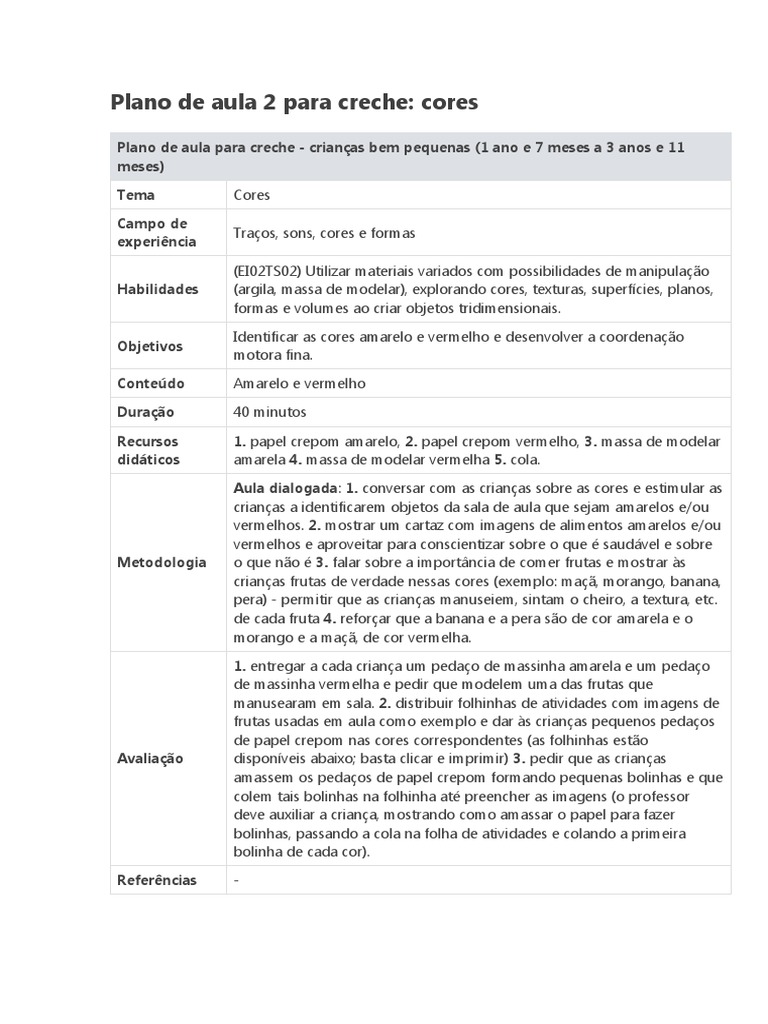 Plano de Aula para Creche 2 | PDF