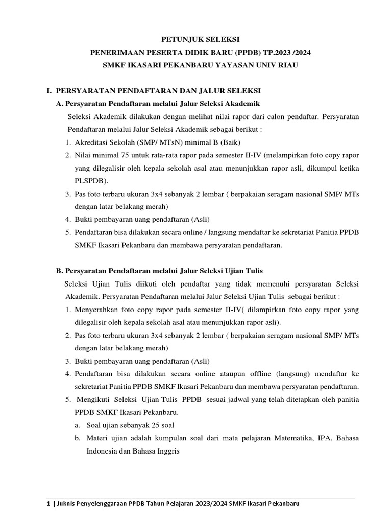 Biaya Pendaftaran SMKF Ikasari 2023/2024 | PDF