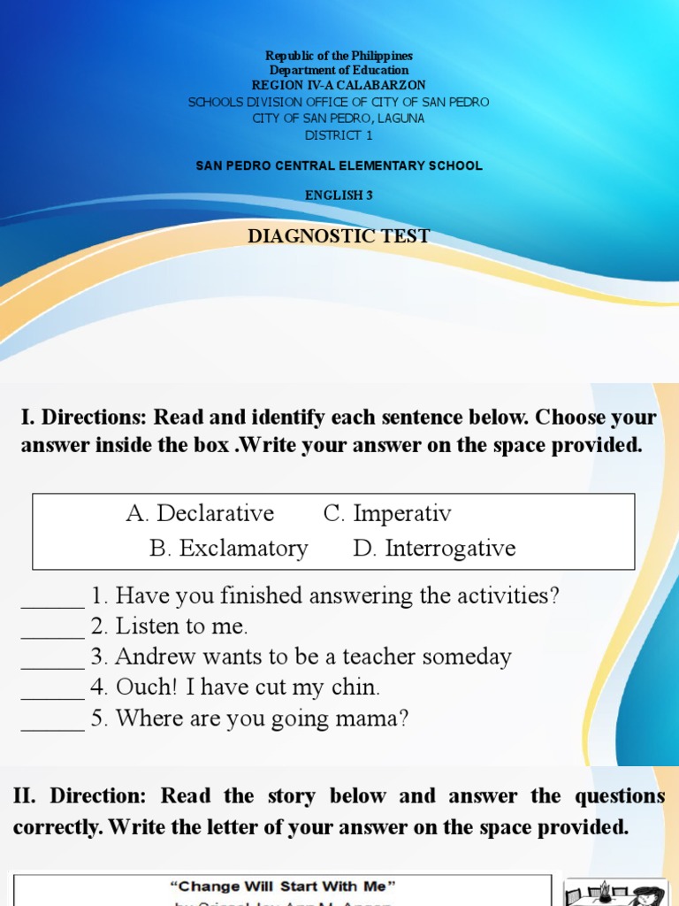 English Diagnostic Test Powerpoint | PDF | Grammar | Linguistics