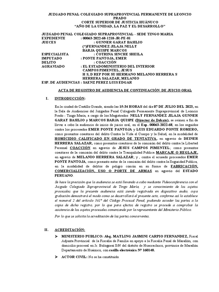Exp. #063-2022-68 - Acta de Audiencia - Prueba Nueva - 07-07-23 | PDF | Fiscal | Ley politica
