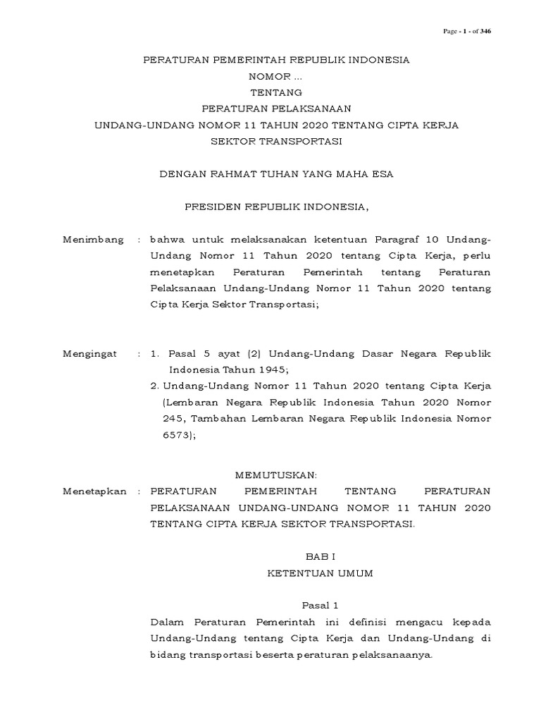 RPP Pelaksanaan Undang Undang Nomor 11 Tahun 2020 Tentang Cipta Kerja Sektor Transportasi | PDF ...
