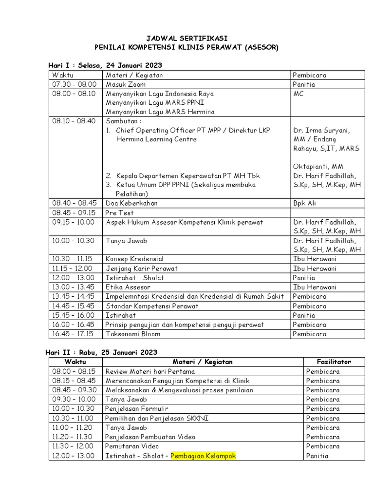 Rundown Acara - Sertifikasi Penilai Kompetensi Klinis Perawat (Asesor) - 1 | PDF