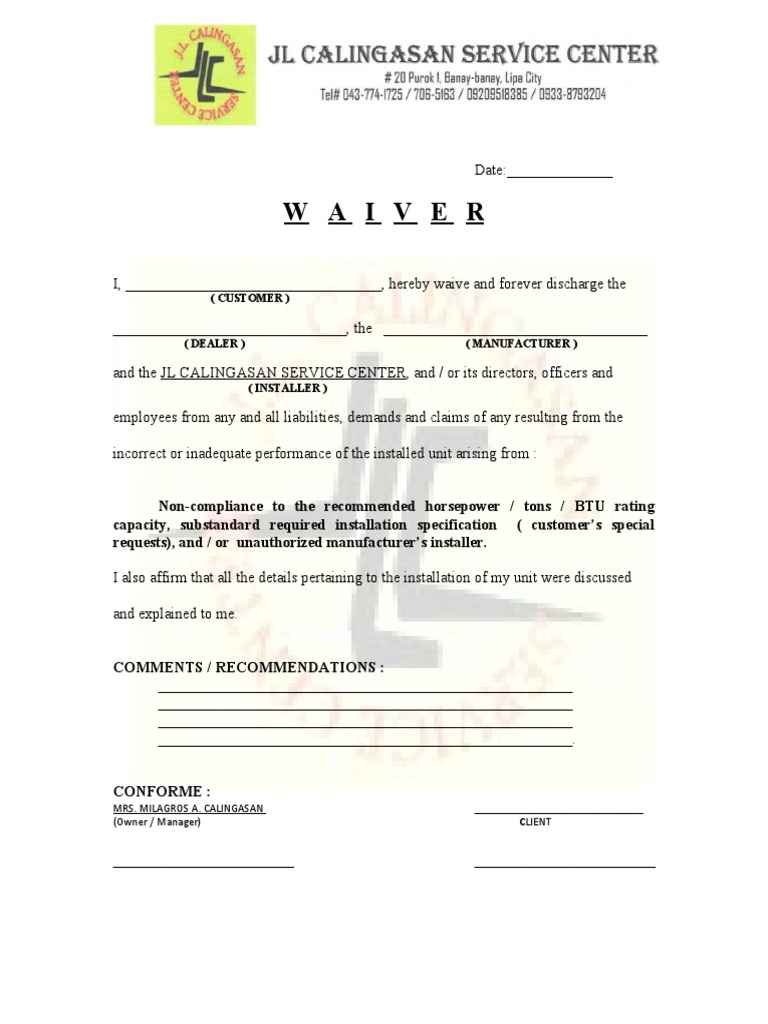 WAIVER For Undersize | PDF | Private Law | Common Law