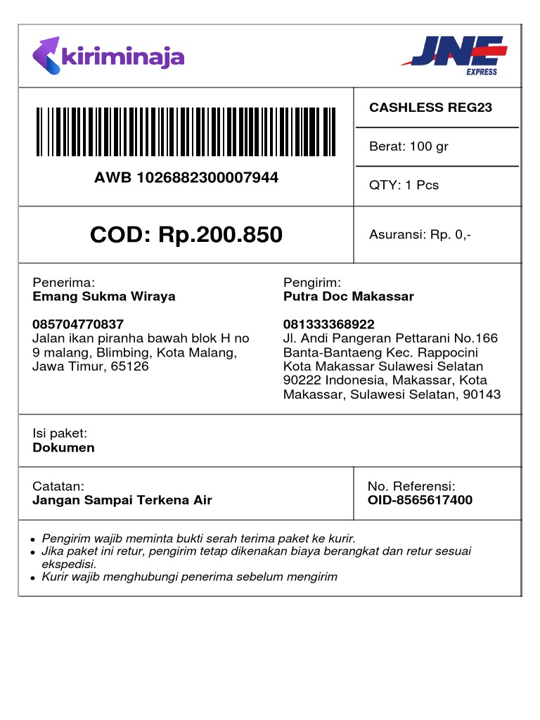 Resi JNE Cashless Reg23 dan Detail Pengiriman | PDF