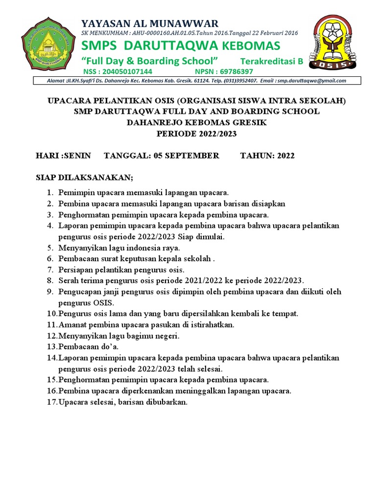 Pelantikan OSIS SMP Daruttaqwa | PDF