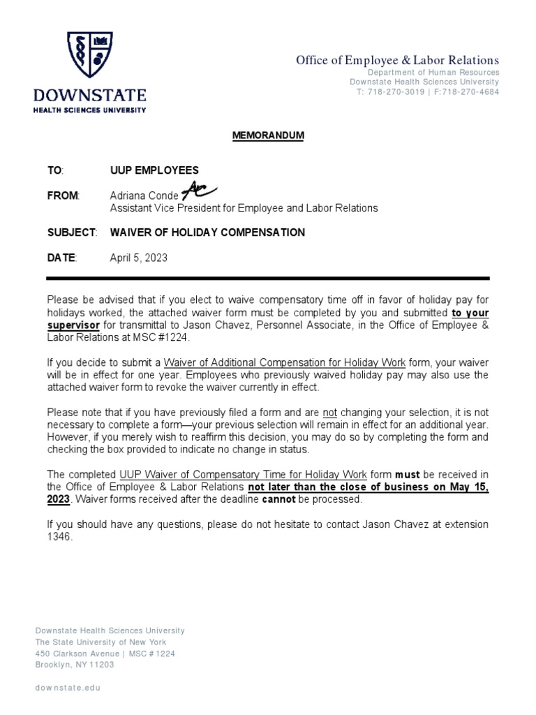 UUP Holiday Compensation Waiver | PDF | Labor Relations | Labor