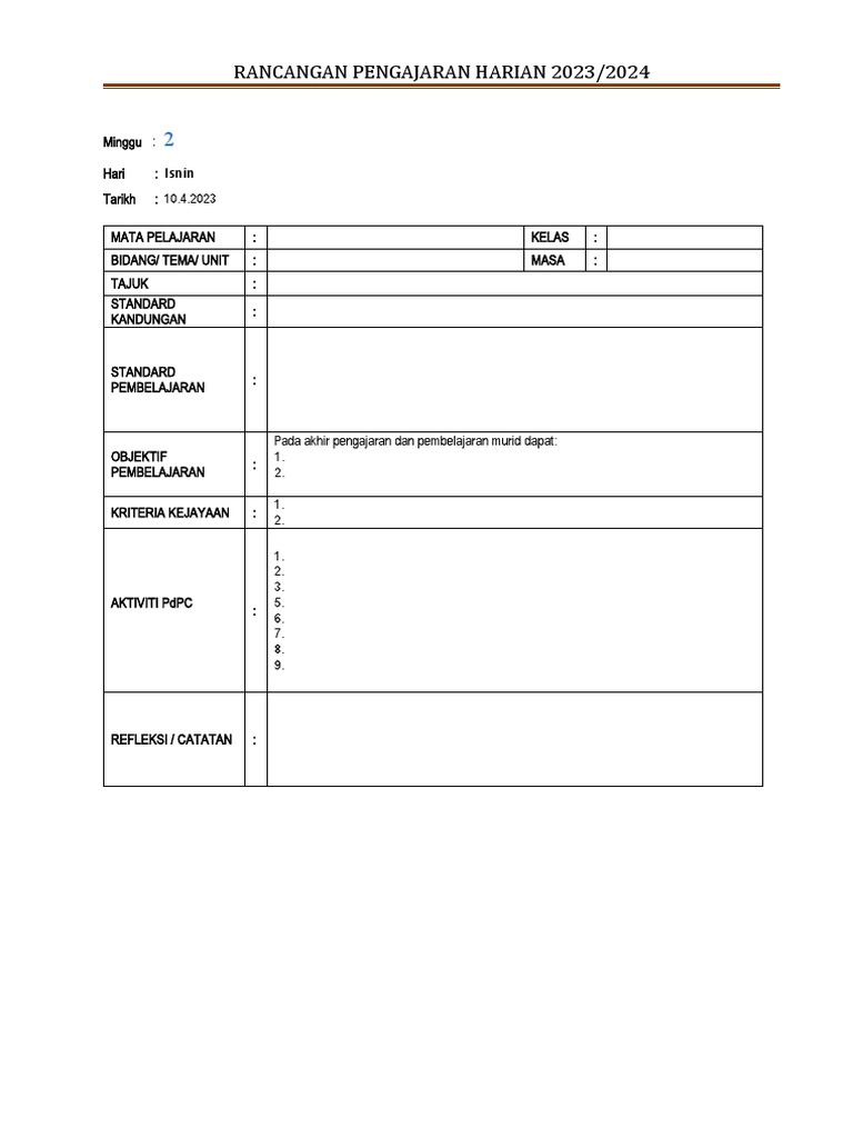 Template RPH SK Dengkil | PDF