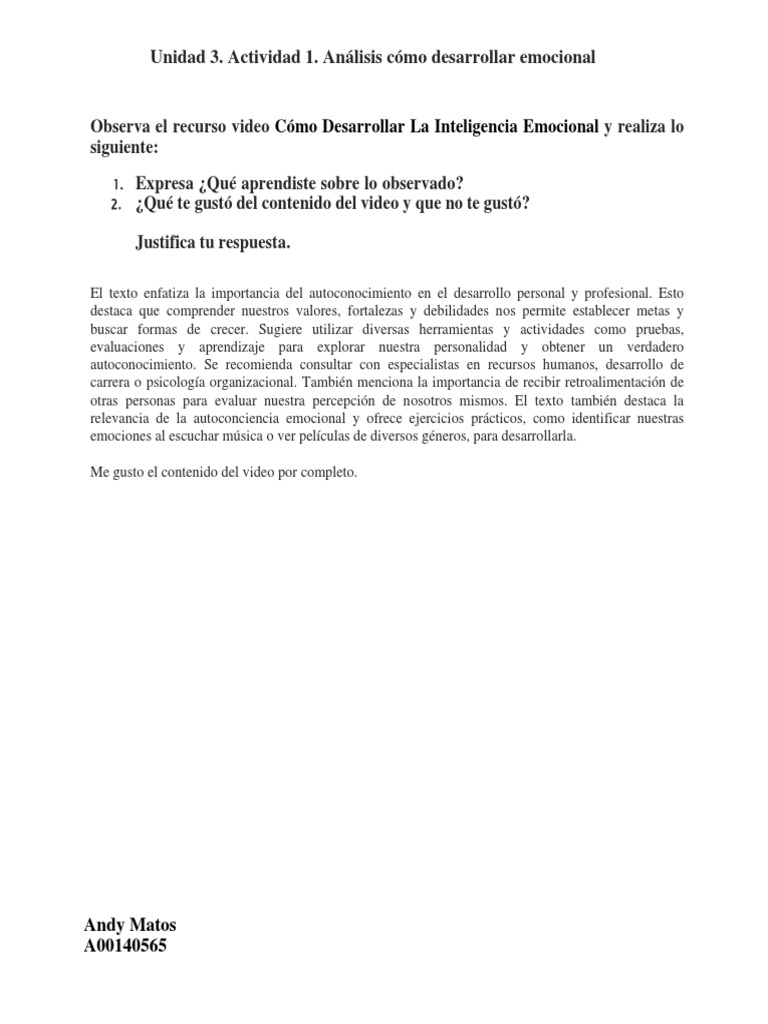 Unidad 3. Actividad 1. Análisis Cómo Desarrollar Emocional-Andy Matos | PDF