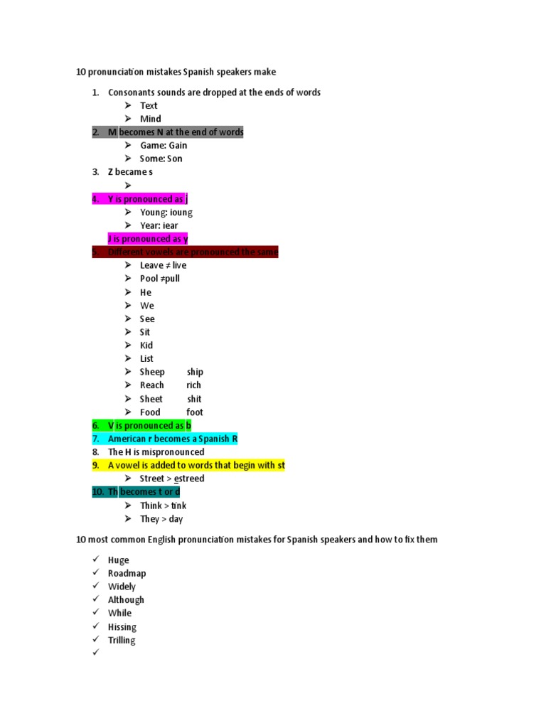 Common English Pronunciation Errors for Spanish Speakers | PDF