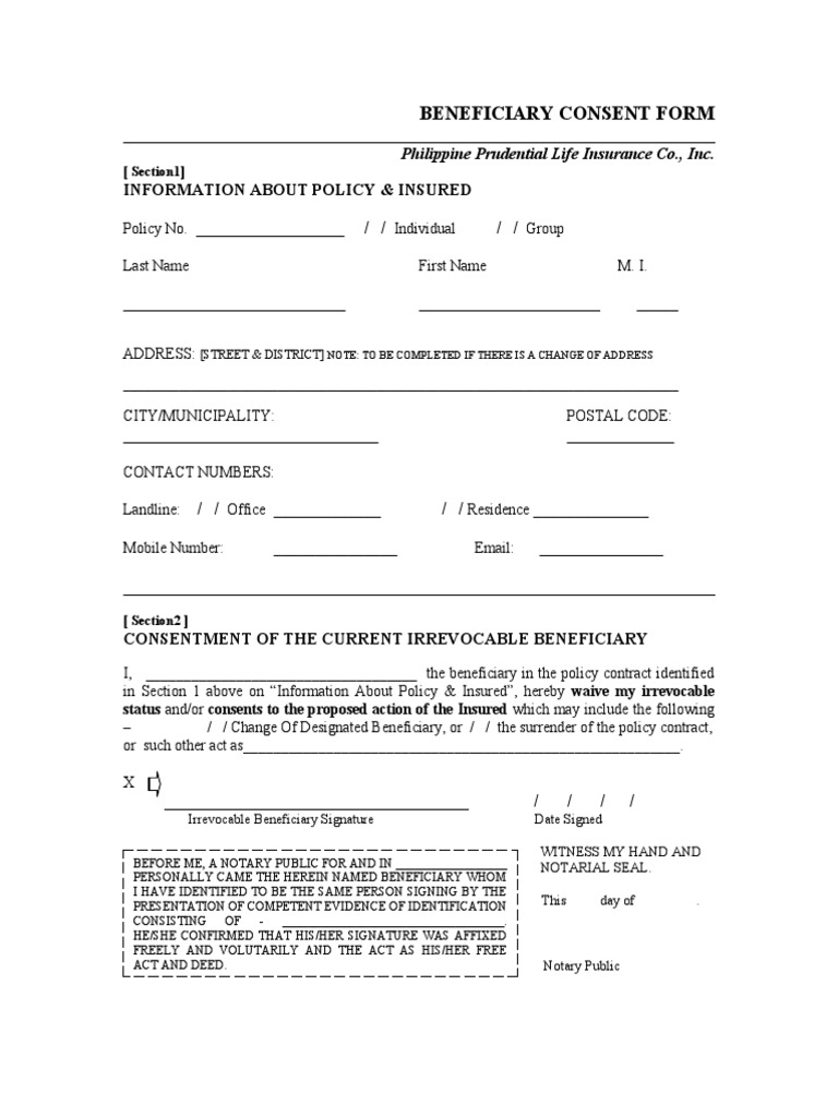 Beneficiary Consent Form Template | PDF | Legal Documents | Civil Law ...