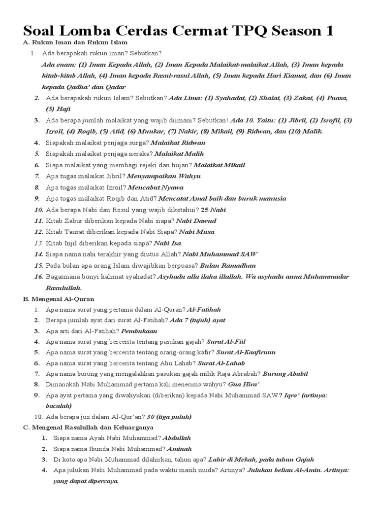 Soal Lomba Cerdas Cermat TPQ Season 1 | PDF