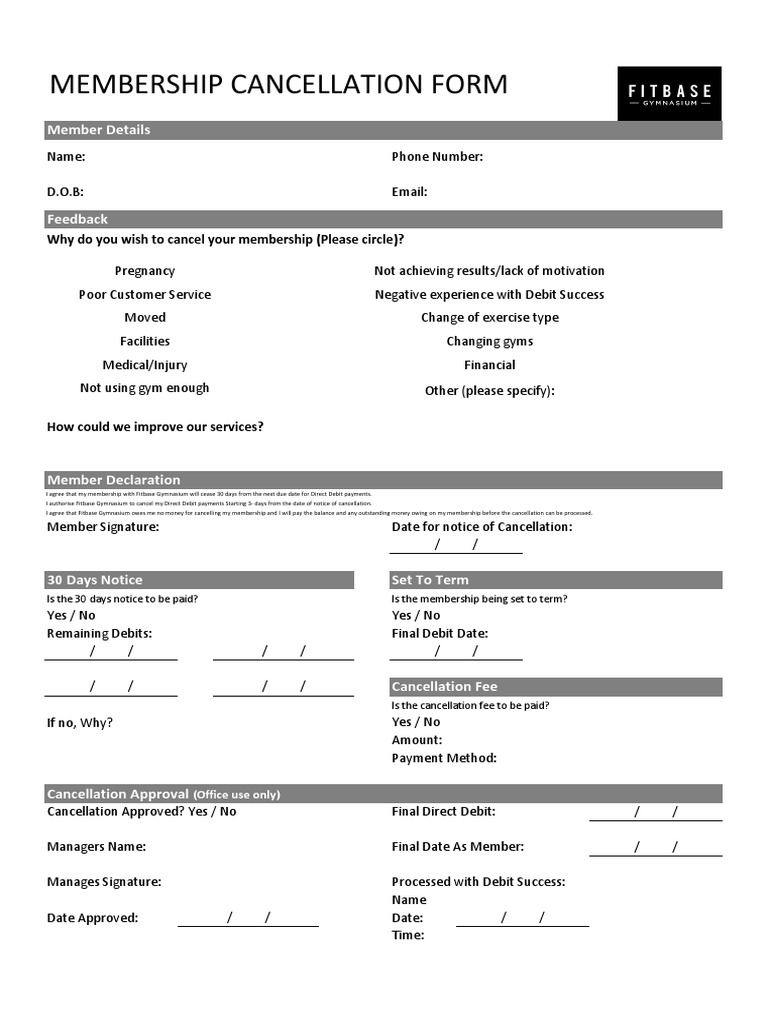 Fitbase Gym Membership Cancellation Form | PDF | Debit Card | Personal ...