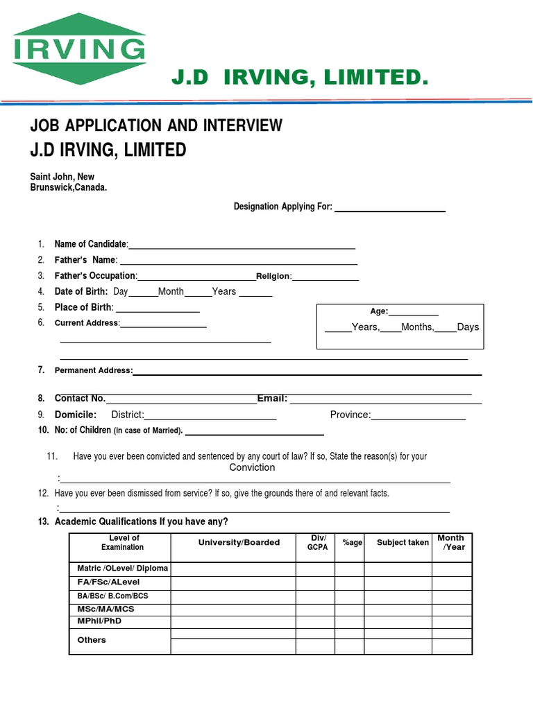 James Kenneth Irving Job Application and Interview Form | PDF