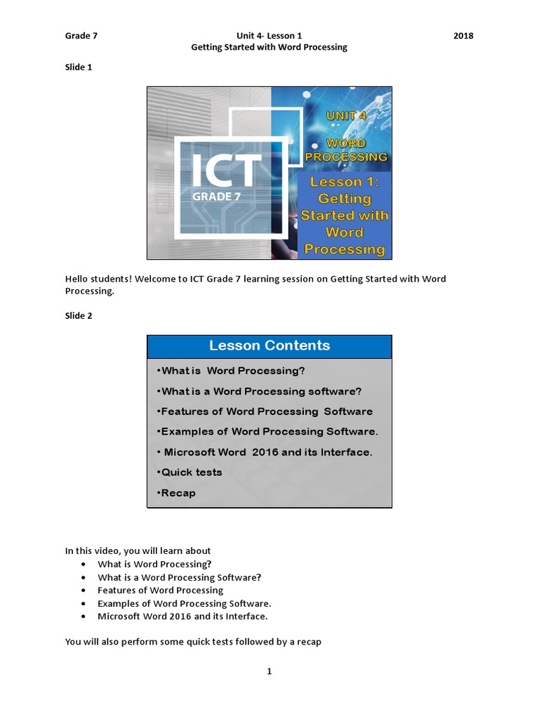 Unit 4 - Lesson 1 - Getting Started With Word Processing | PDF | Microsoft Word | Word Processor
