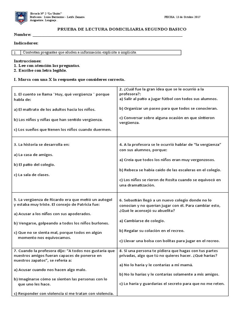 Prueba de Lectura para Segundo Básico | PDF