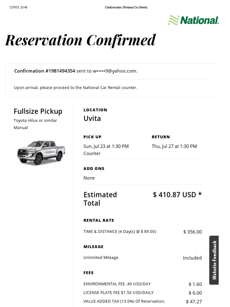 National Car Rental Confirmation Details | PDF