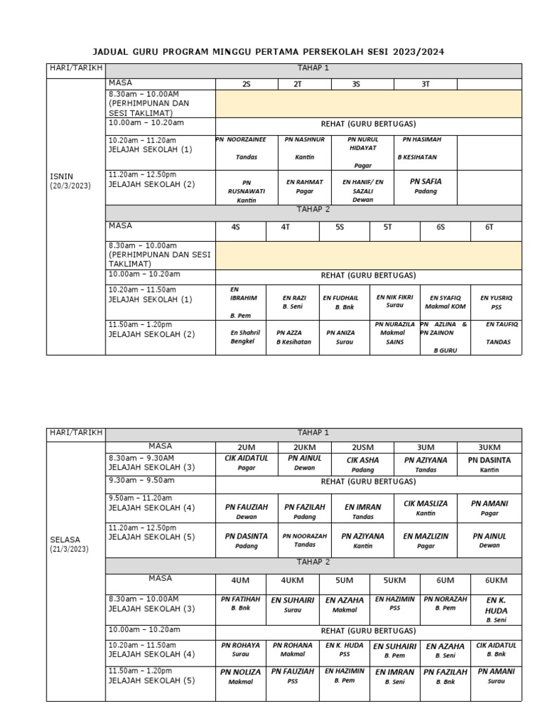 JADUAL GURU MINGGU PERTAMA PERSEKOLAHAN | PDF