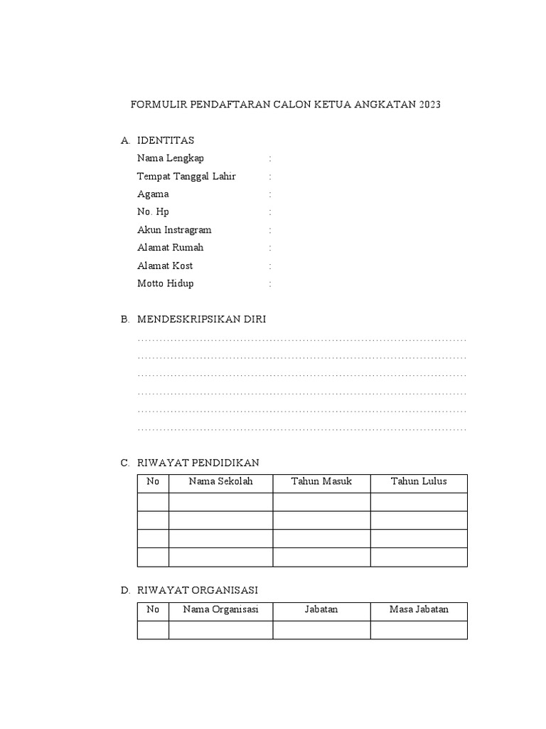 Formulir Pendaftaran Calon Ketua Angkatan 2023 | PDF Formulir Pendaftaran Calon Ketua Angkatan 2023 | PDF