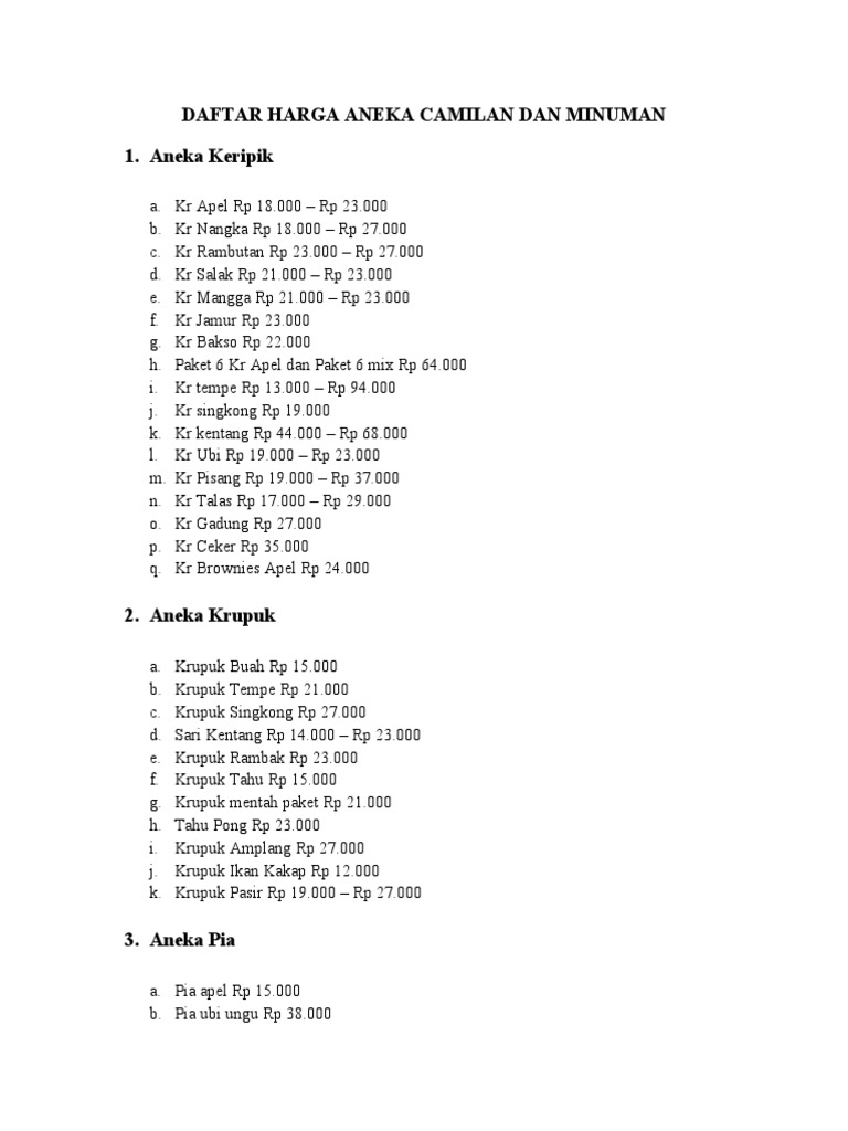 Daftar Harga Aneka Camilan Dan Minuman 2023 | PDF | Sains & Matematika