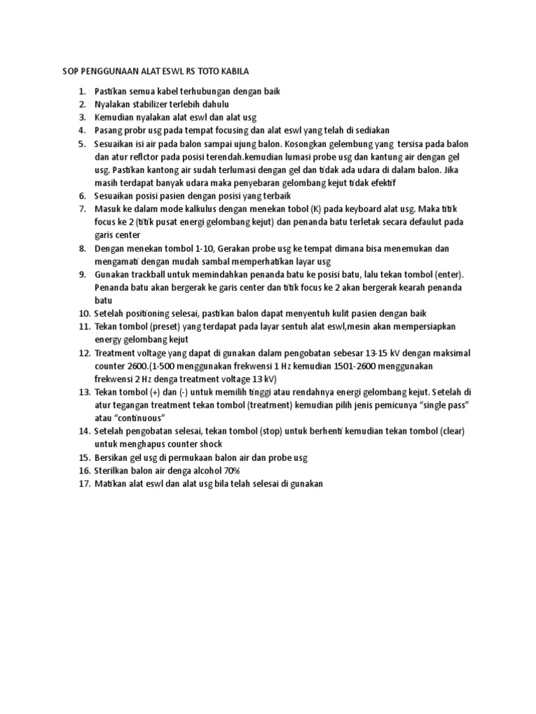 Sop Penggunaan Alat Eswl RS Toto Kabila | PDF | Teknologi & Rekayasa